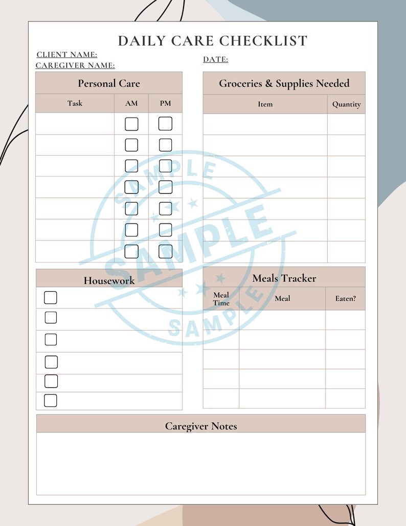 Caregiver Daily Sheets -printable Meal Planner, Medicine Tracker, and ...