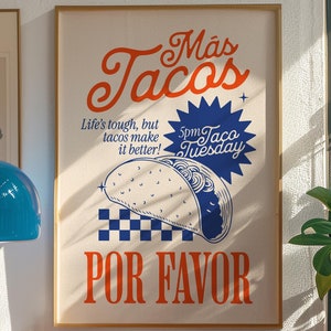 Taco Tuesday Poster, Retro Kitchen Wall Art, Taco Art Print, More Tacos ...