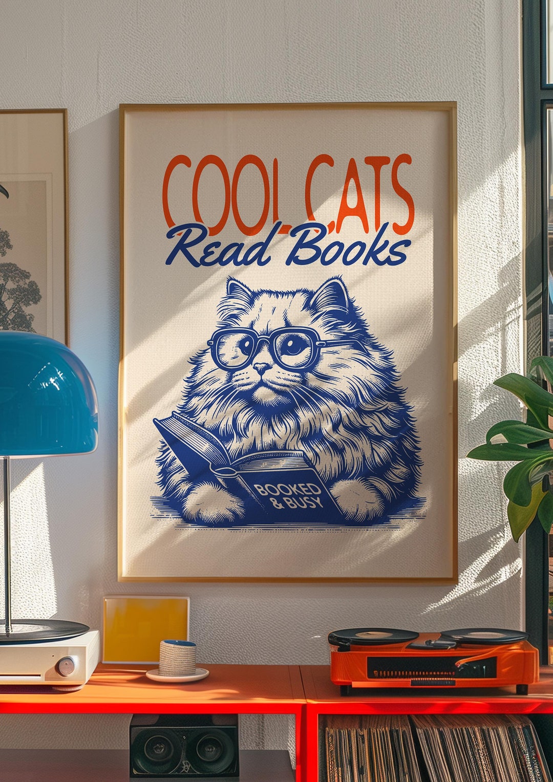 Booked and Busy Print, Cool Cats Read Books Poster, Retro Reading ...