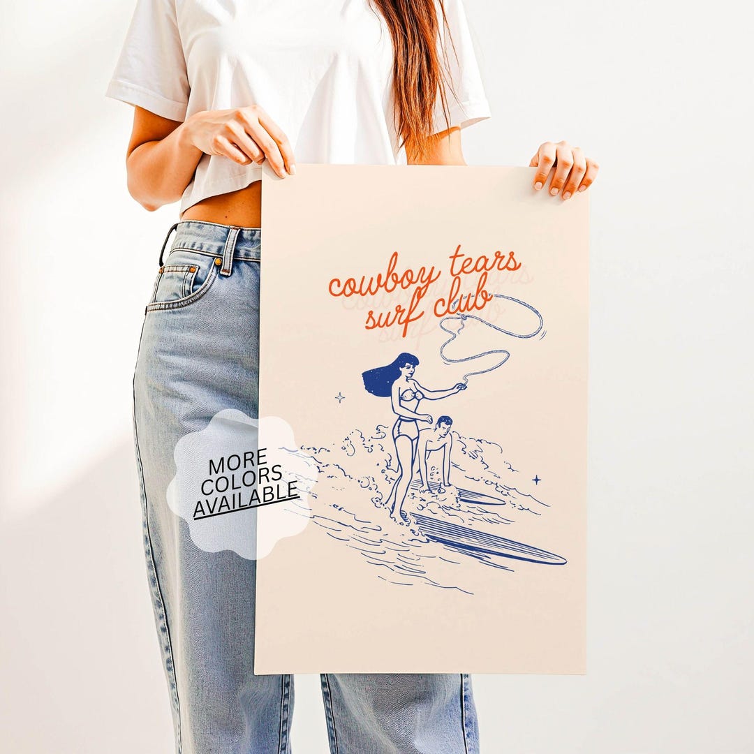 Cowboy Tears Surf Club Print – Vintage Surfing Poster, Retro Western ...