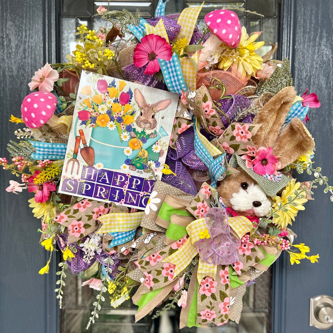 Welcome Spring Wreath for Front Door, Happy Spring, Sisal Easter Bunny ...