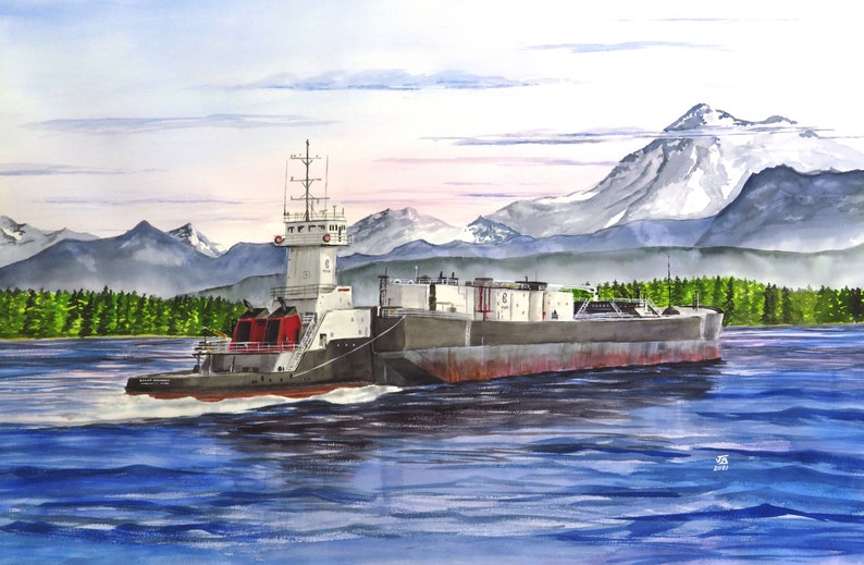 12"x18" Hand Made Painting Your Boat Retirement Seascape Tug Barge ...