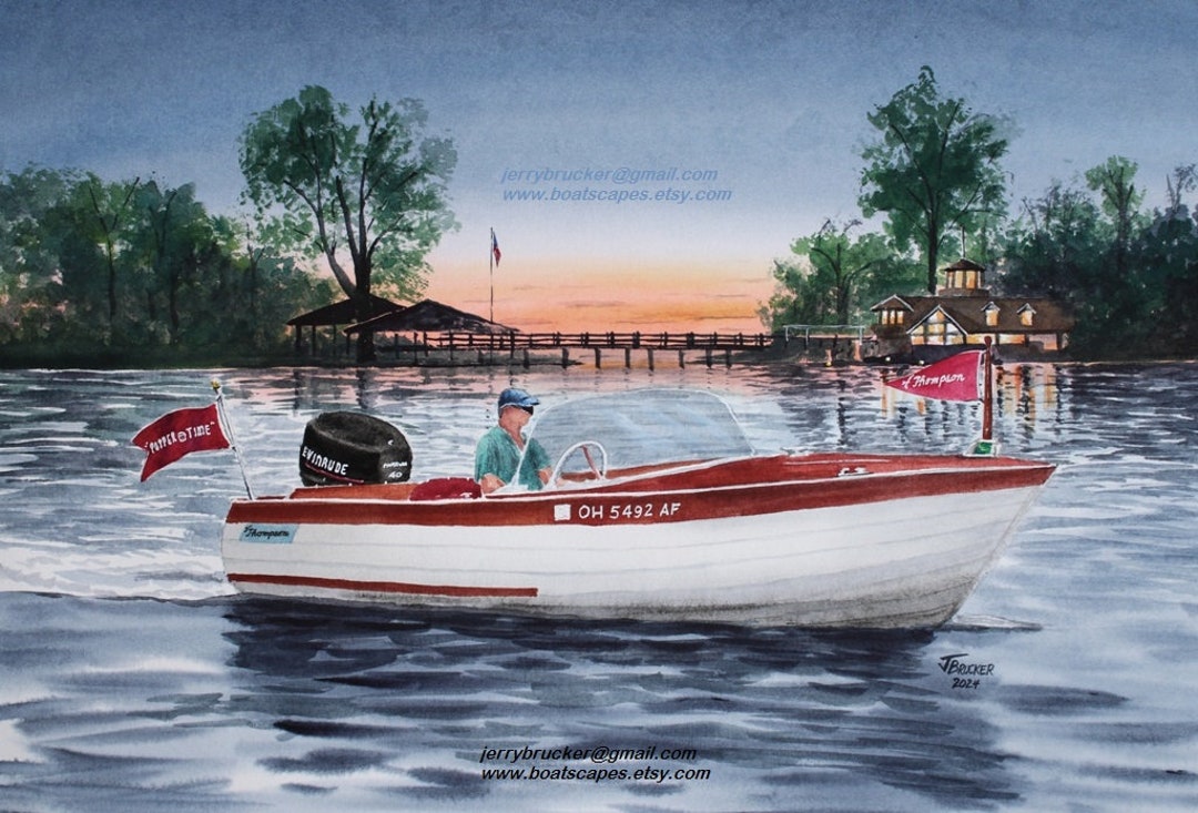 Custom Hand Painted 12x18" Runabout Watercolor Antique Classic Boat ...