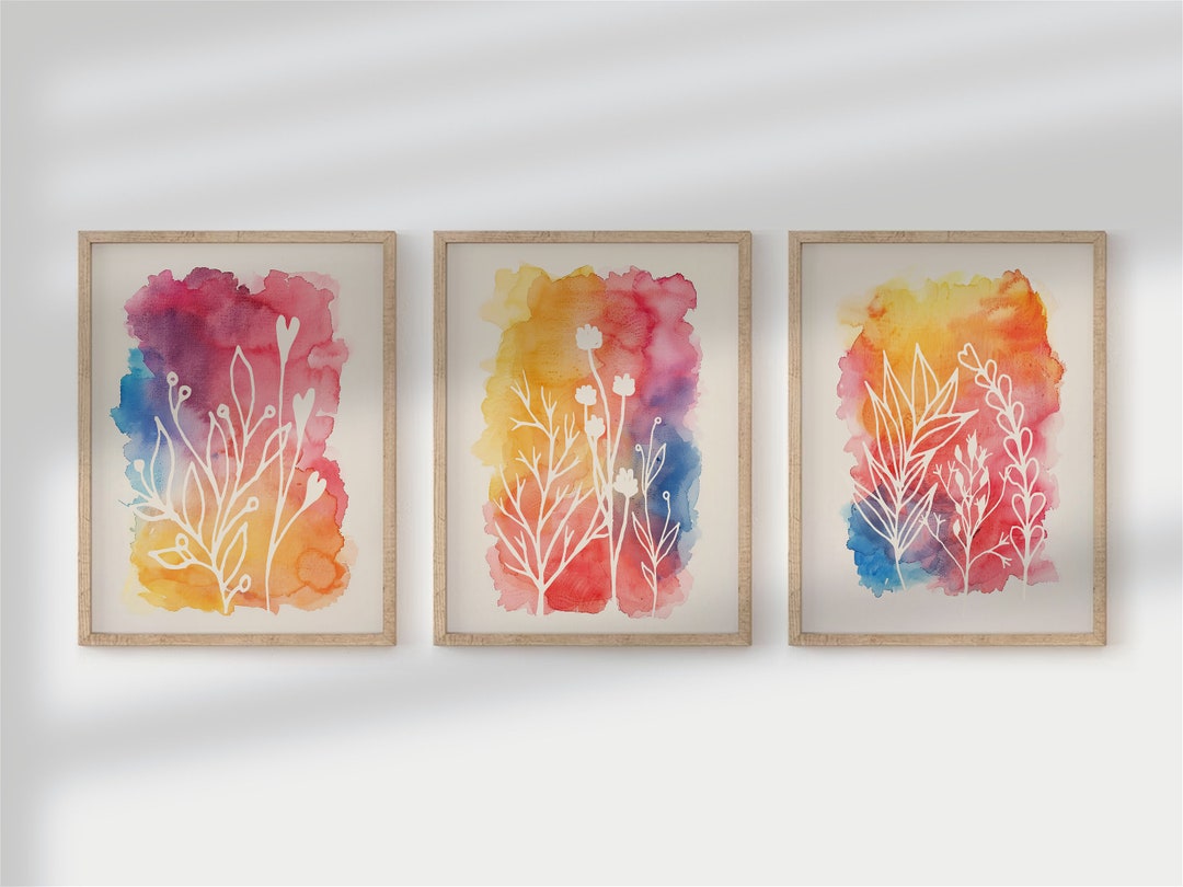 Watercolor Colorful Plant and Flower Art Print Set of 3 Wall Decor ...