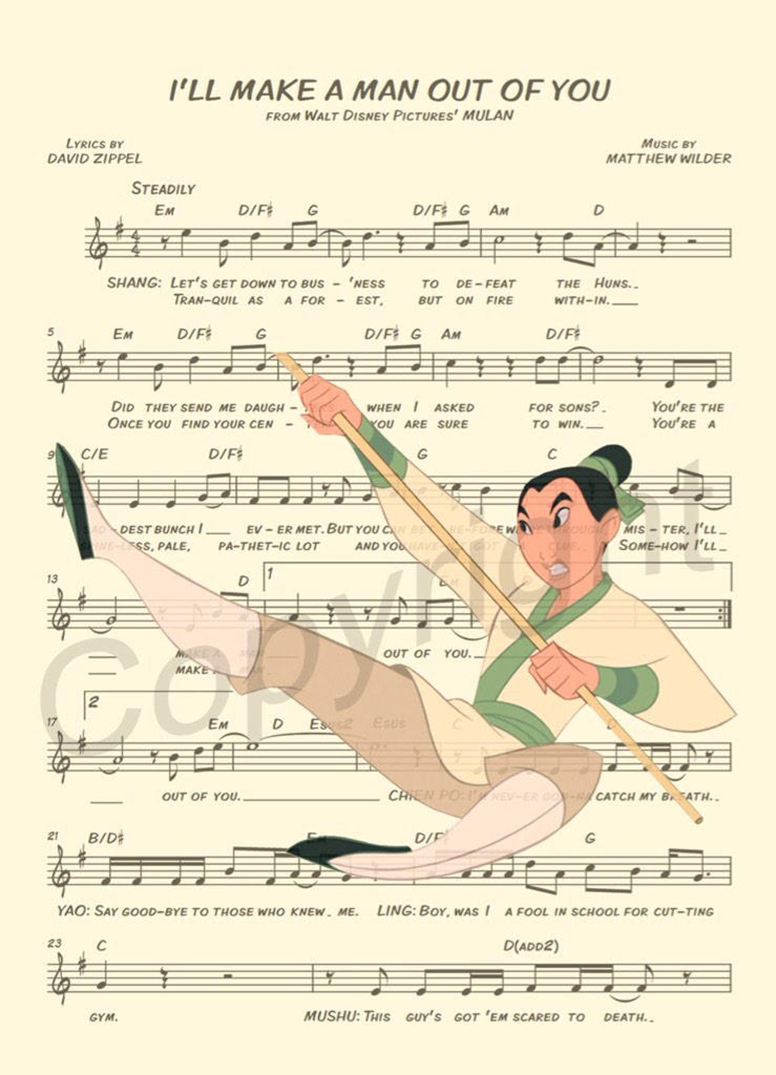 Mulan I'll Make a Man Out of You Sheet Music Art Print - Etsy