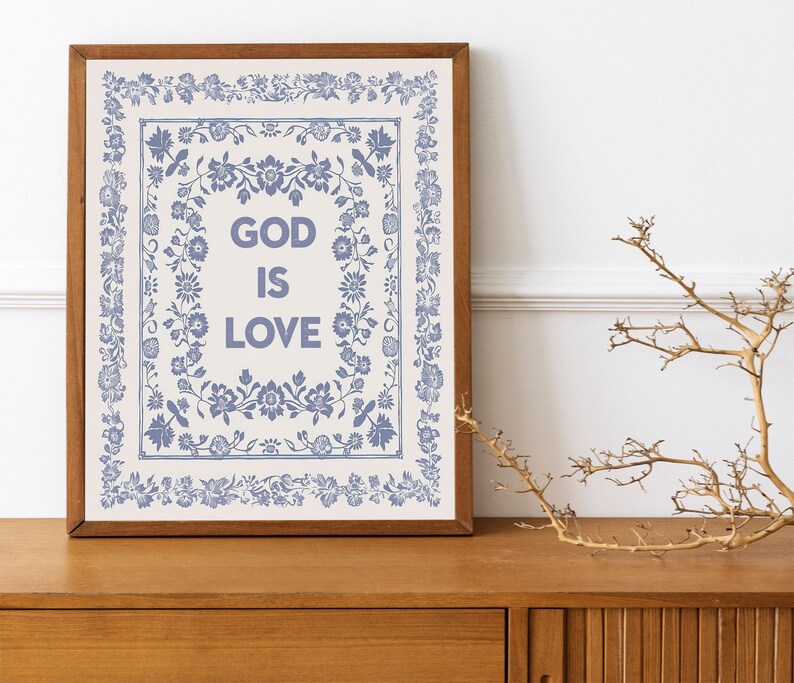 God is Love Light Blue Square Print Vintage Minimalist Style Wall Art ...