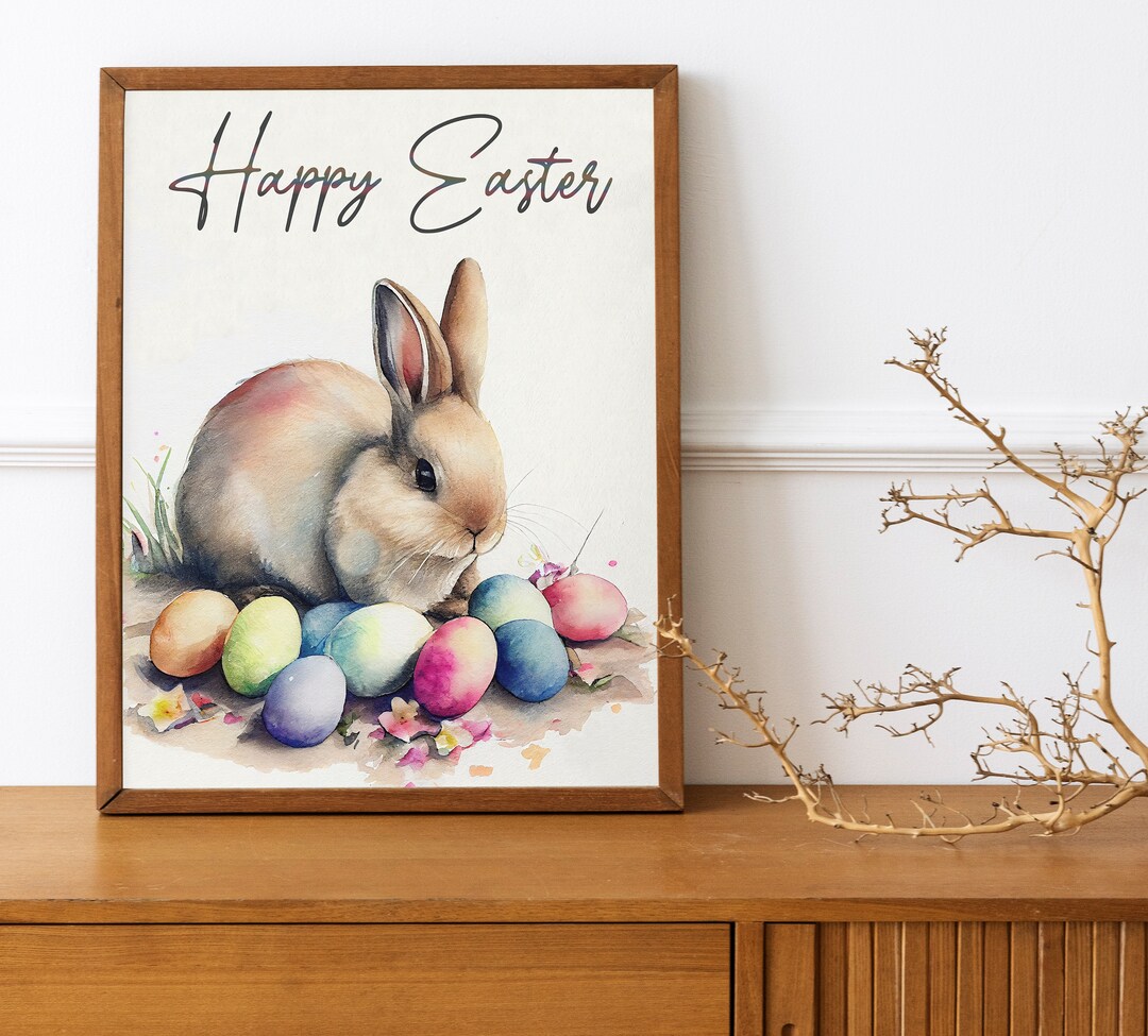 Happy Easter Bunny Colorful Eggs Boho Art Print, Bunny Art, Easter Art ...