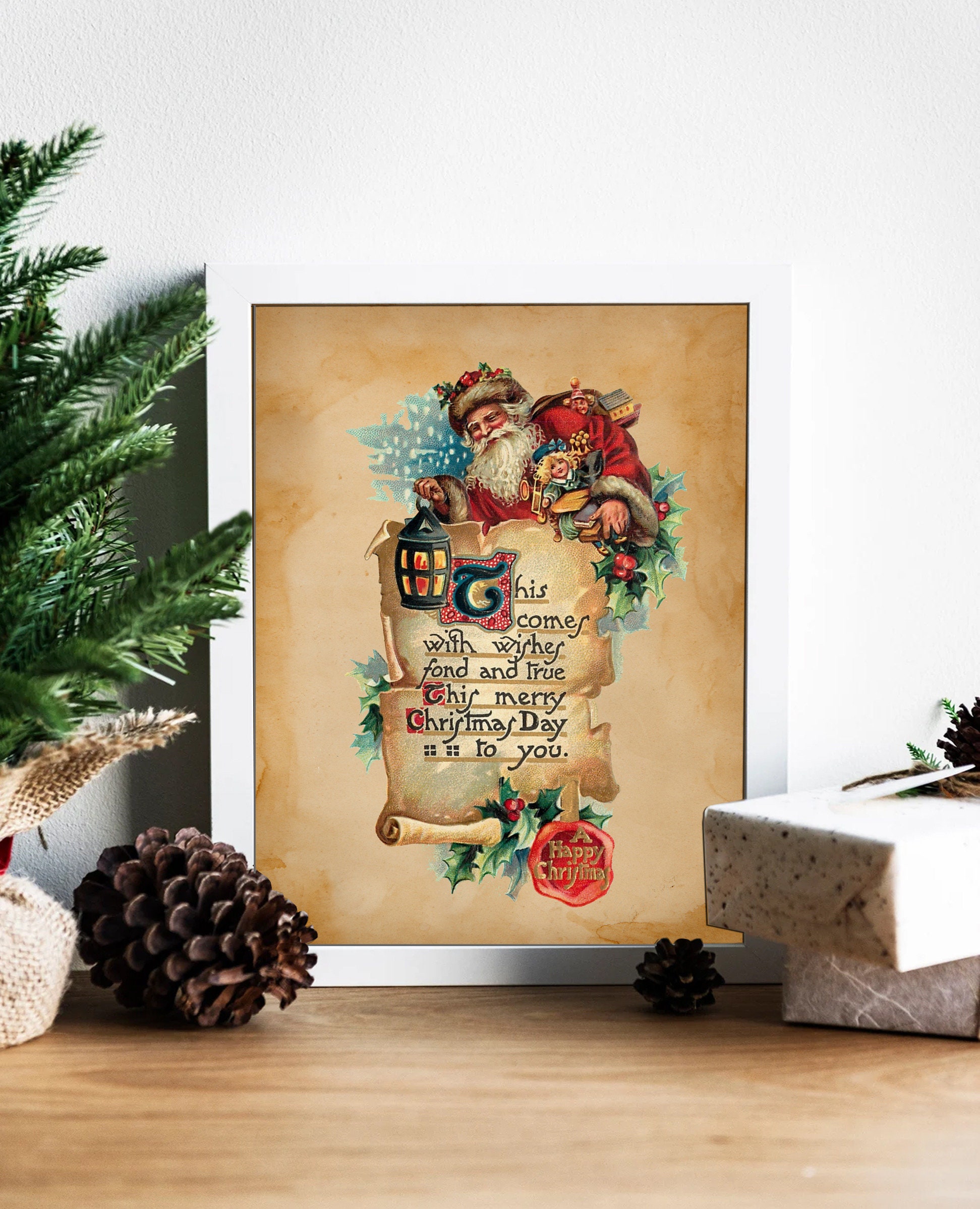 Vintage Christmas Santa Greetings Illustration Art Print, Vintage ...