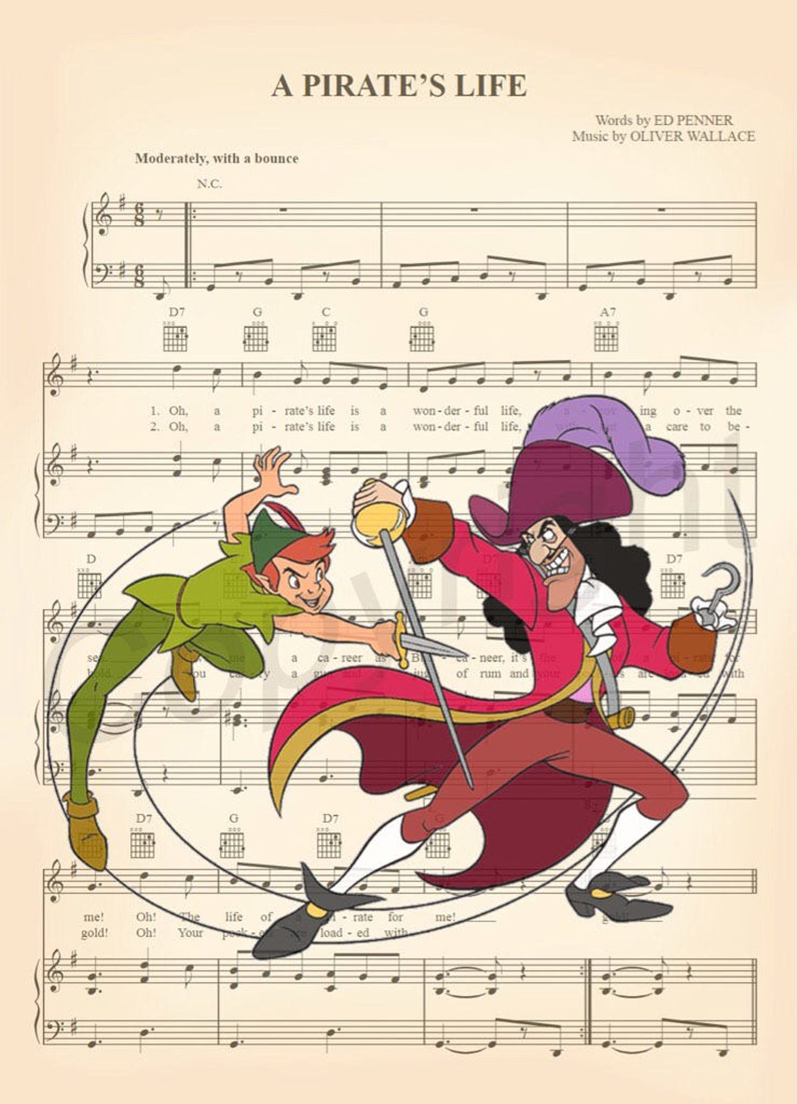 Peter Pan Fighting Captain Hook Sheet Music Art Print | Etsy