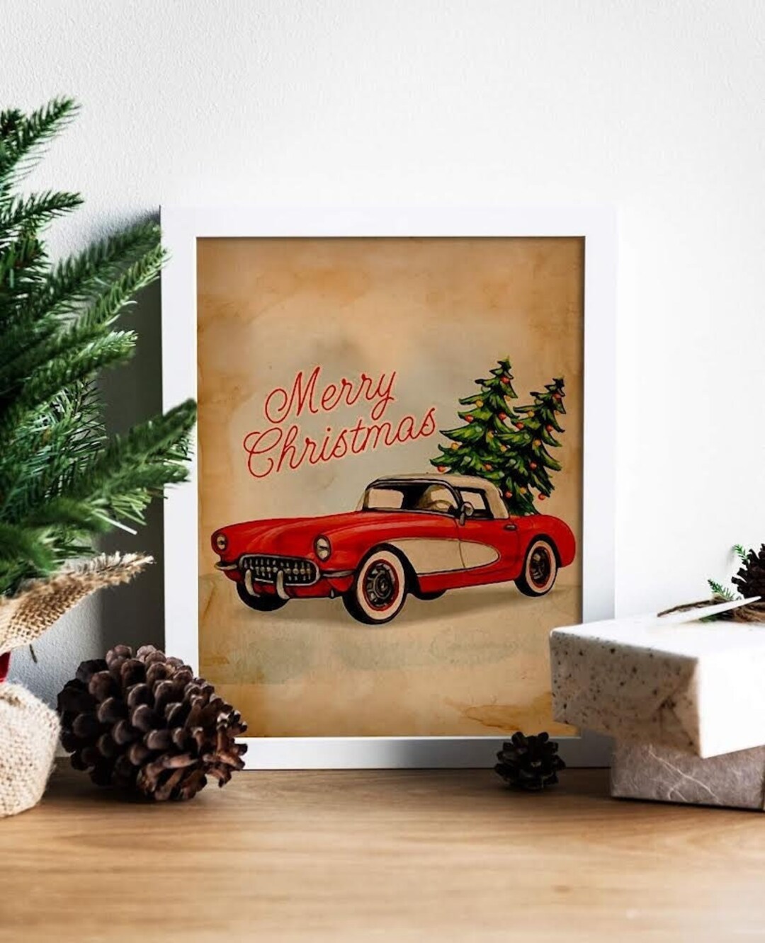Christmas Vintage Classic Car With Christmas Trees Art Print, Vintage ...