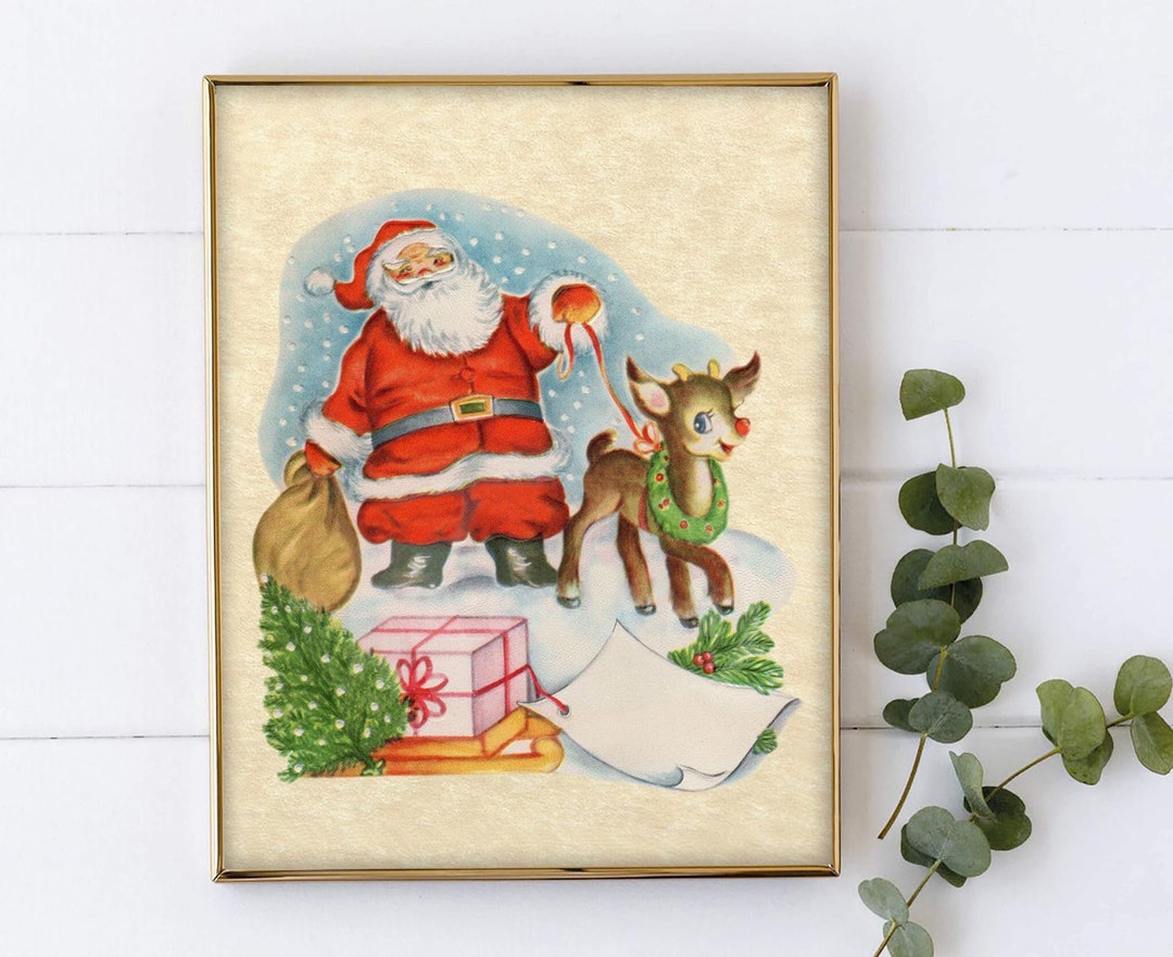 Christmas Vintage Santa and Rudolph Art Print - Etsy