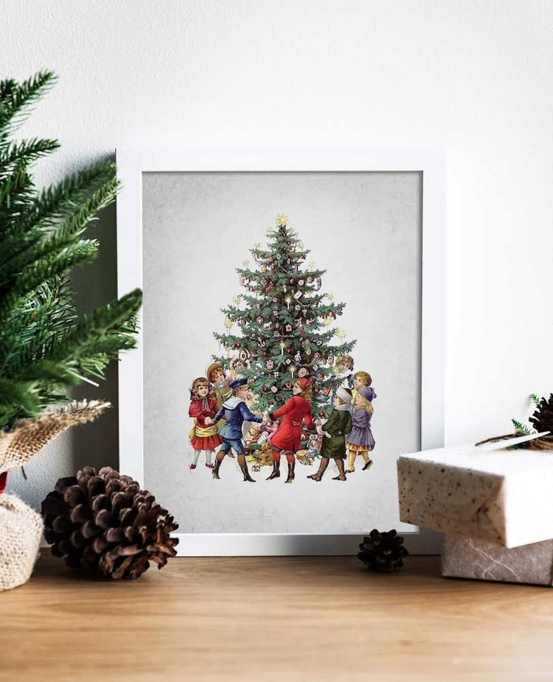 Christmas Children Dancing Around Tree Illustration Art Print, Vintage ...