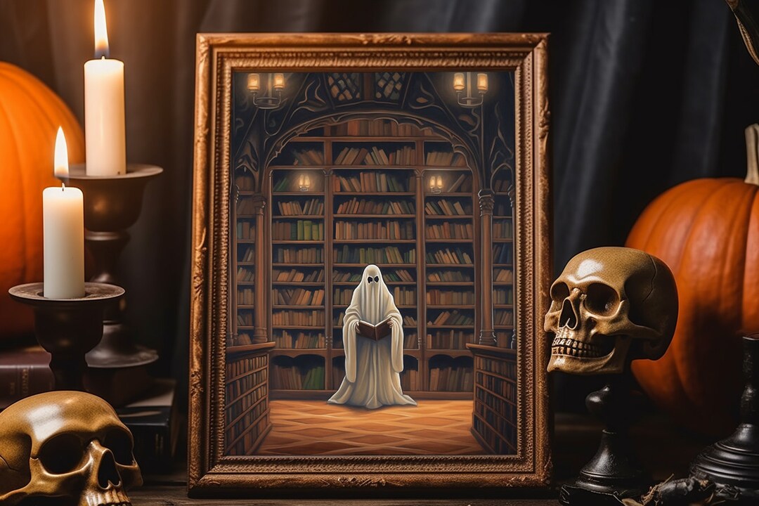 Halloween Vintage Ghost in Library Reading Book Art Print, Vintage ...