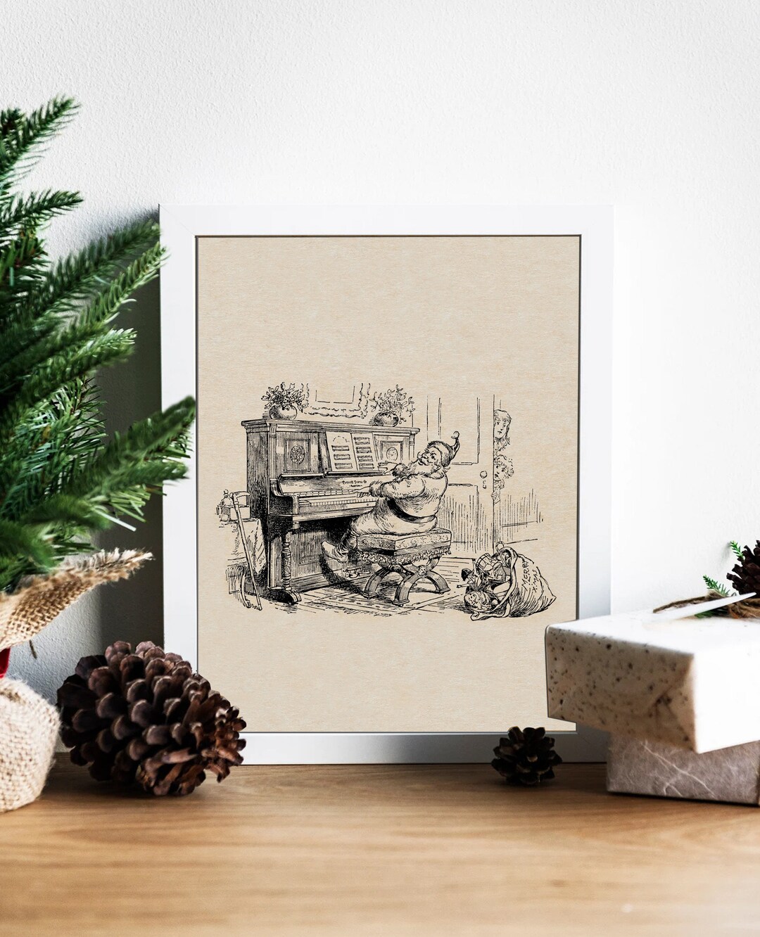 Christmas Vintage Santa Playing Piano Art Print, Vintage Christmas ...