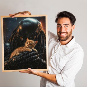 Predator Alien With Jonesy Cat Art Print, Cute Horror Poster for Sci-fi ...