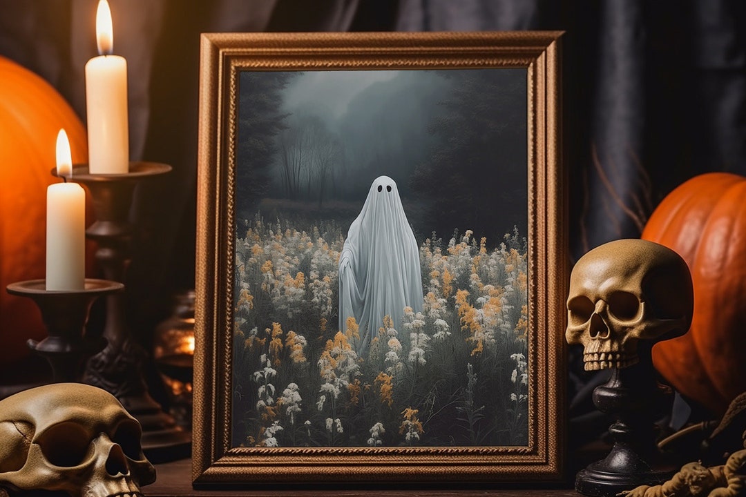 Halloween Vintage Ghost Standing in Field of Flowers Art Print, Vintage ...