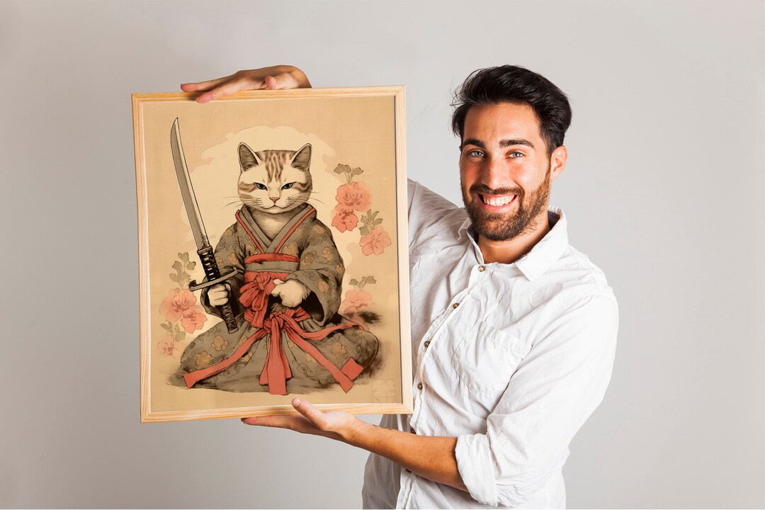 Funny Cat Holding Sword With Plants Art Print - Etsy