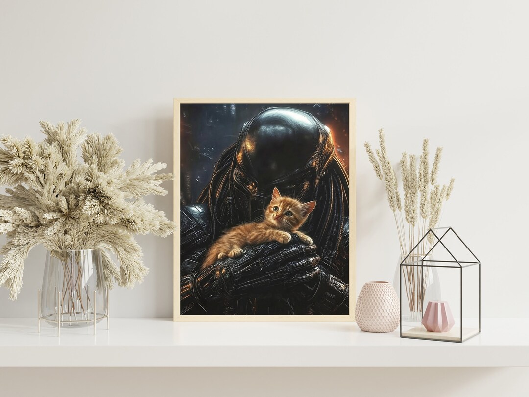 Predator Alien With Jonesy Cat Art Print, Cute Horror Poster for Sci-fi ...