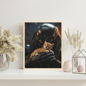 Predator Alien With Jonesy Cat Art Print, Cute Horror Poster for Sci-fi ...
