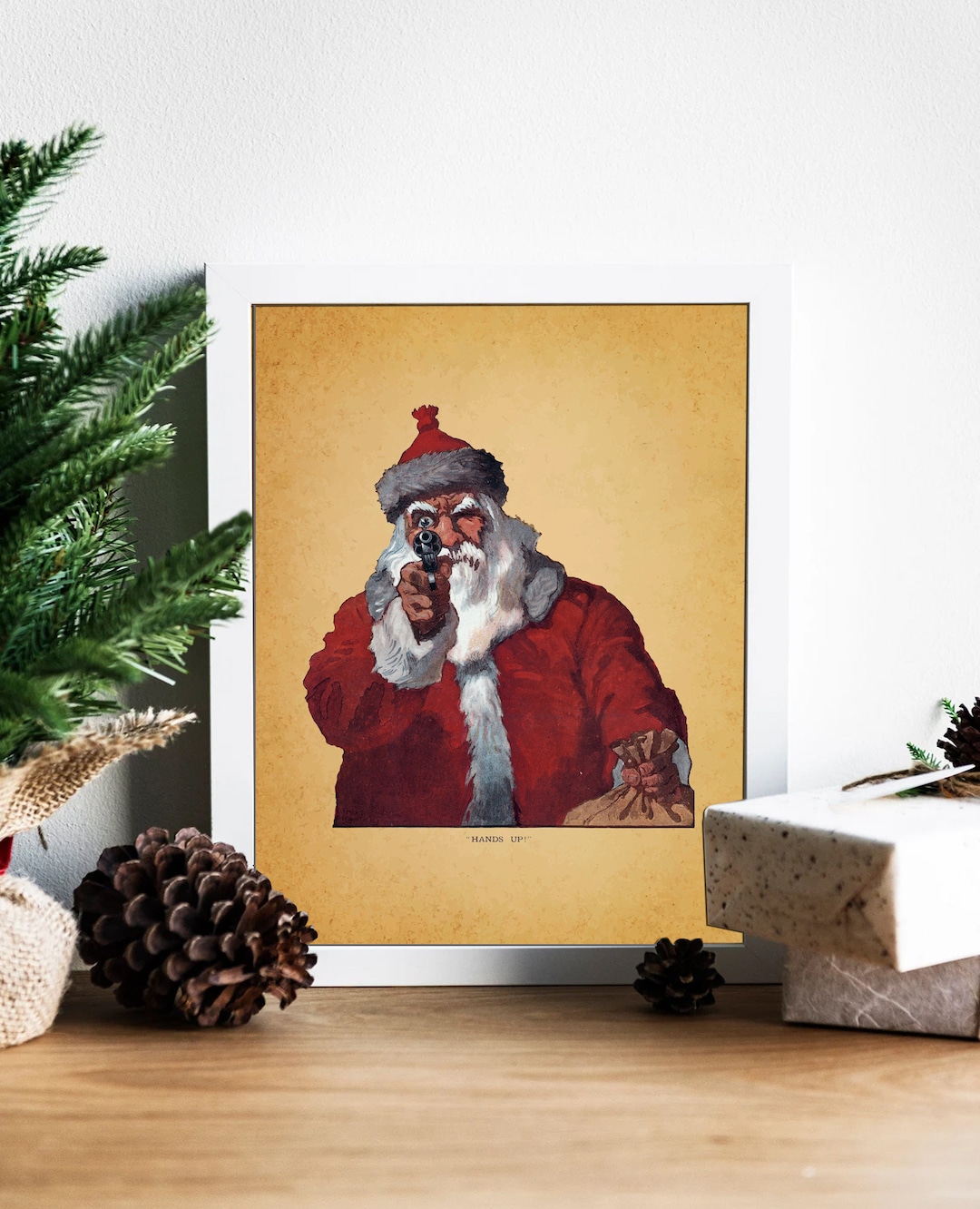 Vintage Christmas Santa Robber Illustration Art Print, Hands Up, Funny ...