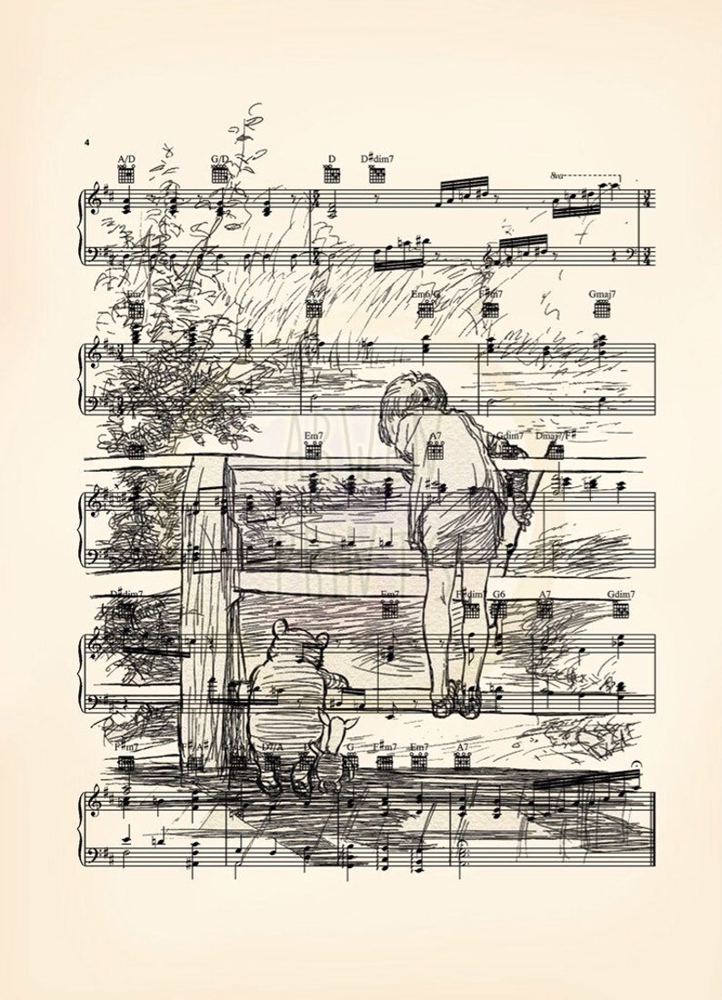 Winnie the Pooh Original Artwork Four Print Set Sheet Music Art Prints ...