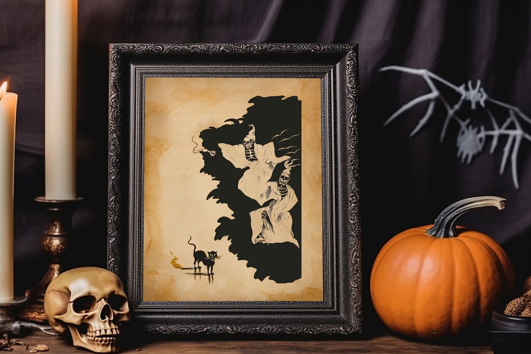 Halloween Ghost Skeletons With Black Cat Vintage Illustration Art Print ...