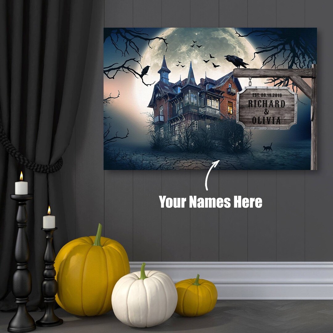 Halloween Custom Haunted House, Couple Names and Date Sign, Canvas Art ...