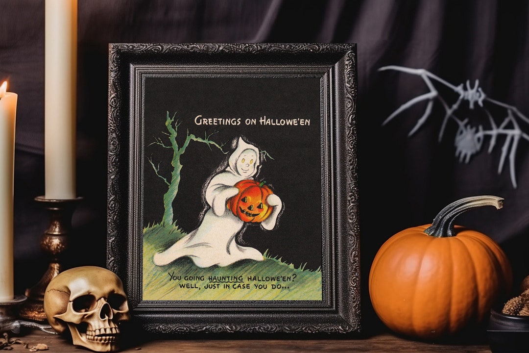 Halloween Vintage Cute Ghost Trick or Treating Art Print, Vintage ...