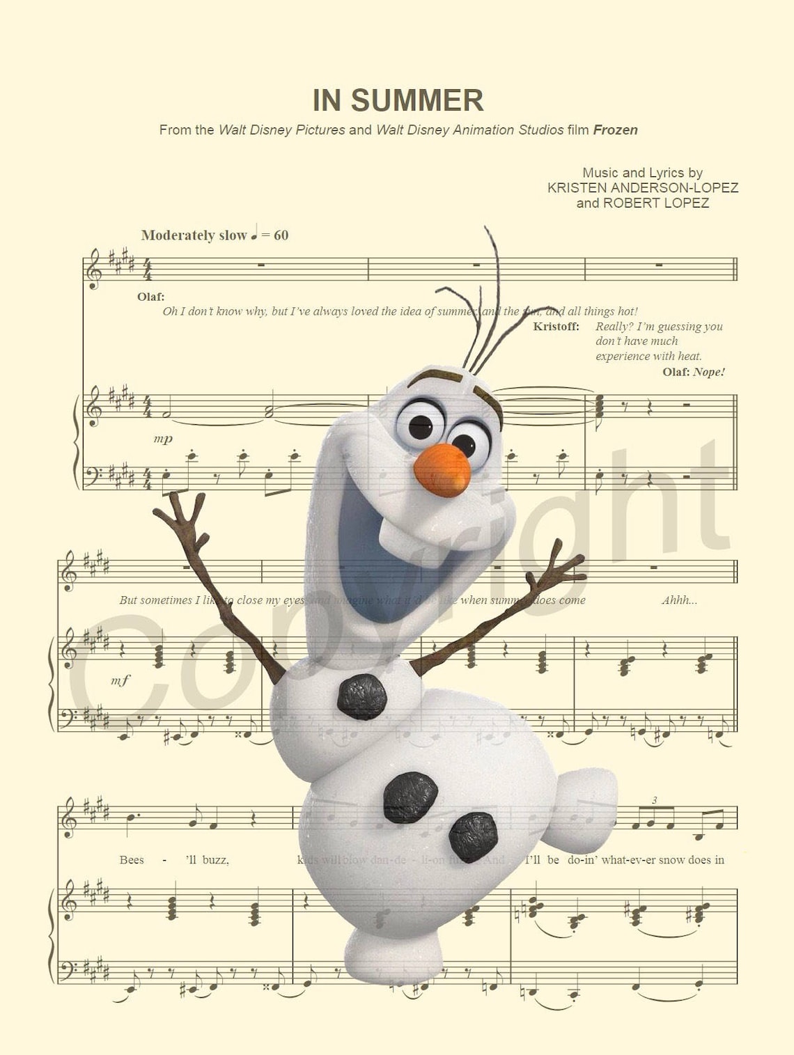 Frozen Olaf in Summer Sheet Music Art Print - Etsy