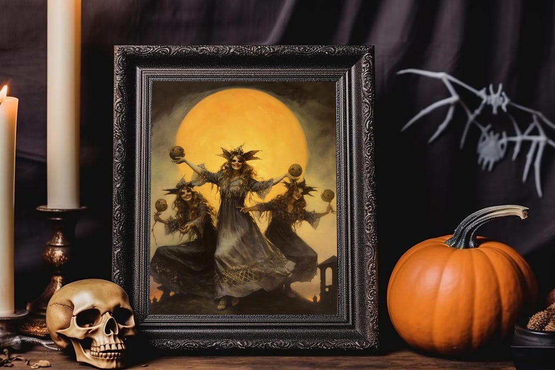 Halloween Vintage Three Witches in the Moonlight Art Print, Vintage ...