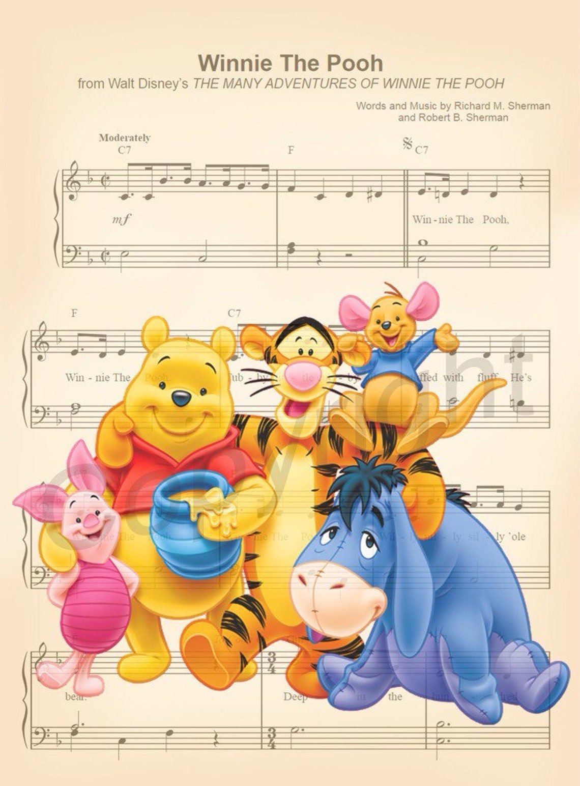 Winnie the Pooh and Friends Sheet Music Art Print - Etsy