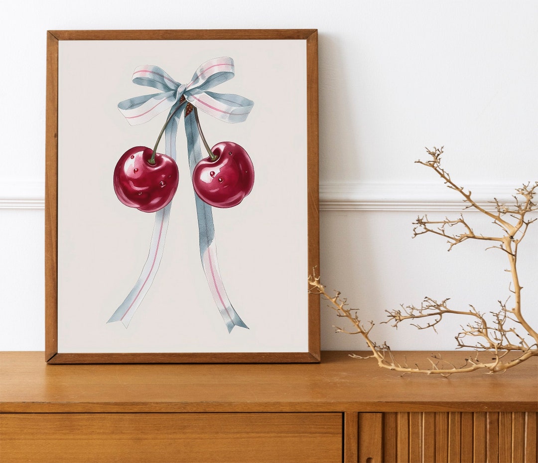 Pink Cherry Ribbon Art Print Cute Girly Watercolor Cherry Pink Wall Art ...