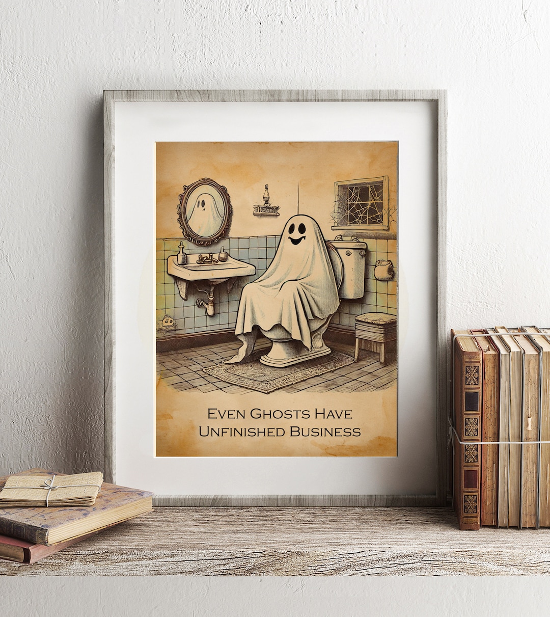 Ghost in Bathroom on the Toilet Art Print, Unfinished Business ...