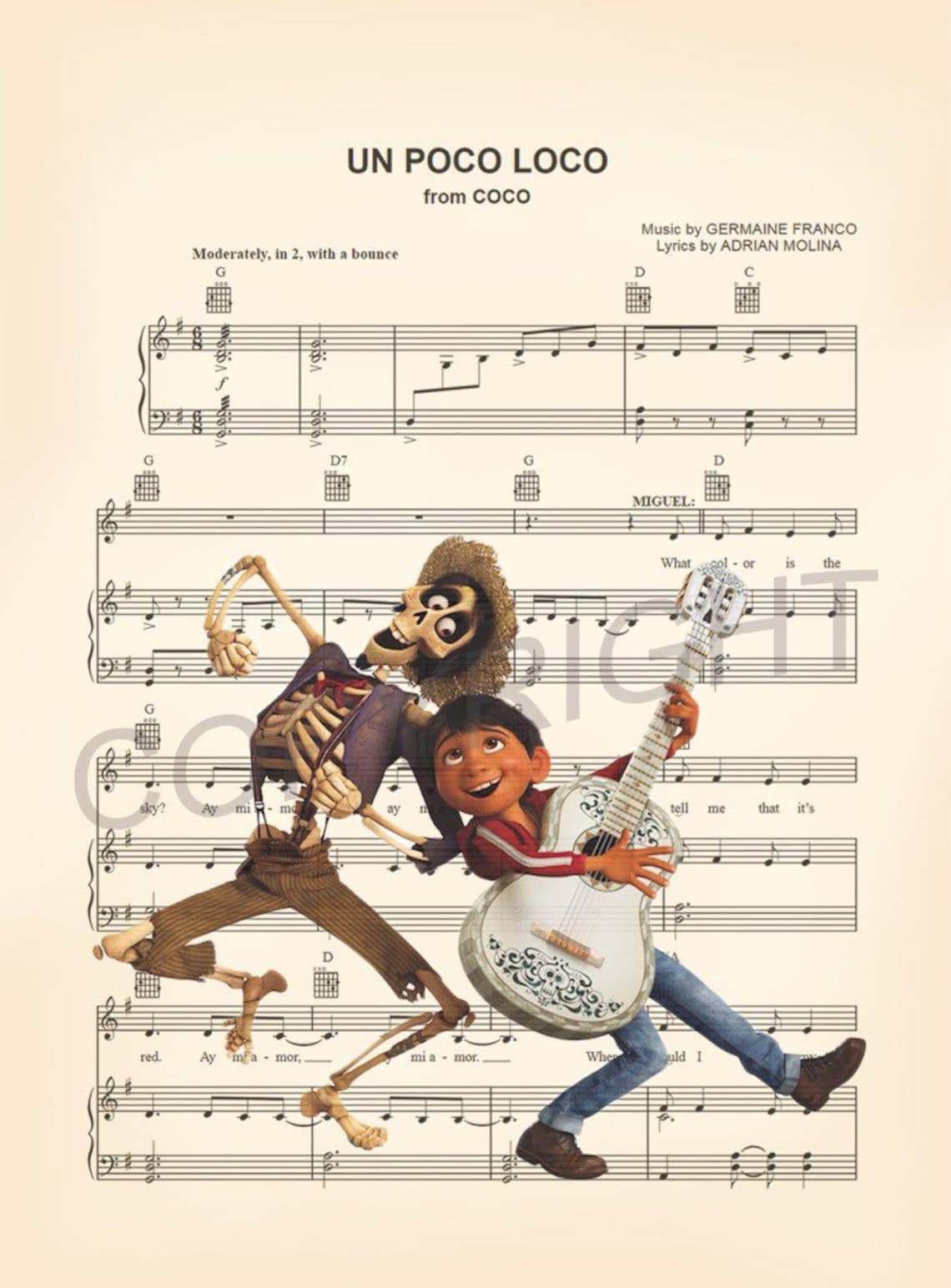 Coco Miguel and Hector Un Poco Loco Sheet Music Art Print - Etsy