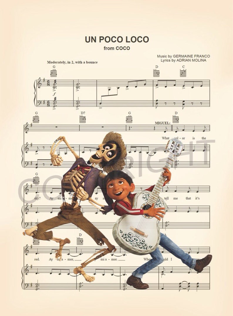 Coco Miguel and Hector Un Poco Loco Sheet Music Art Print - Etsy