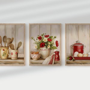 Kitchen Scenery With Flowers in Vase Botany Wall Decor Art Print Set ...