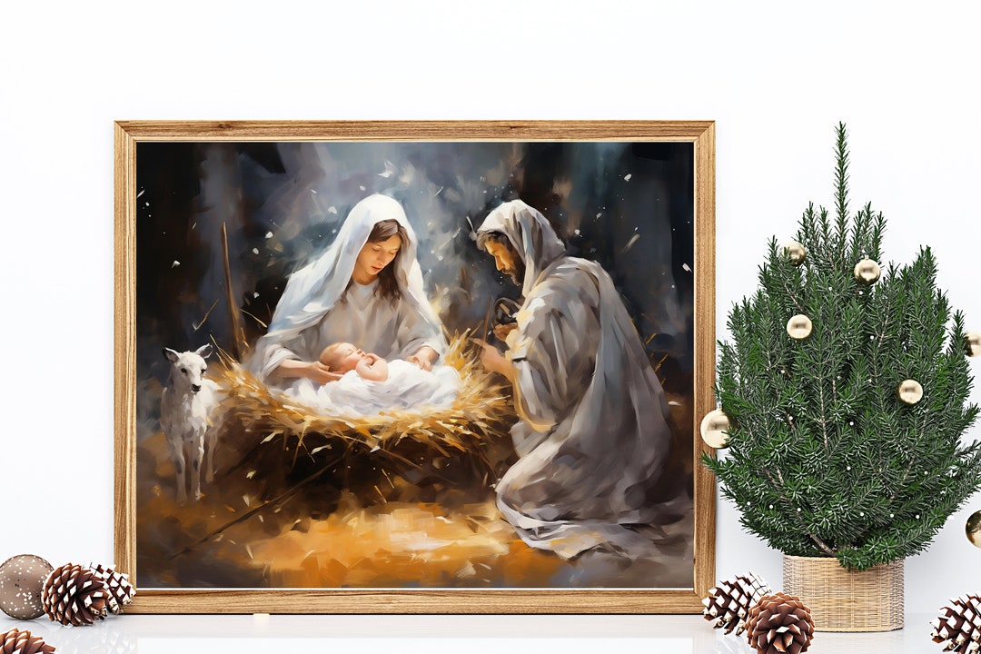 Christmas Nativity Birth of Jesus Art, Mary Joseph and Baby Jesus ...