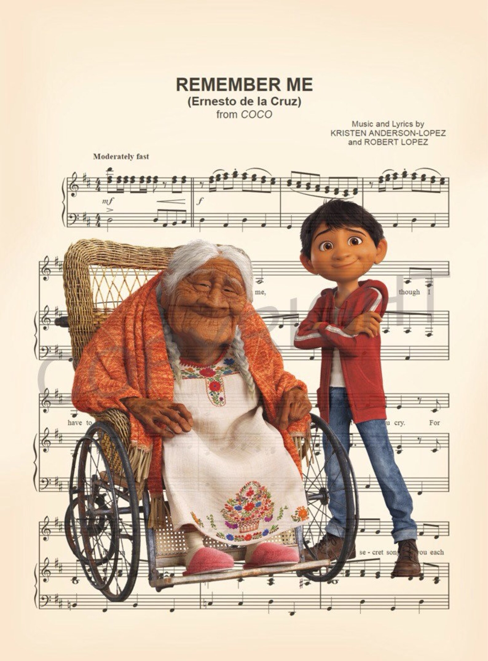 Coco Miguel and Mamà Coco Remember Me Sheet Music Art Print - Etsy