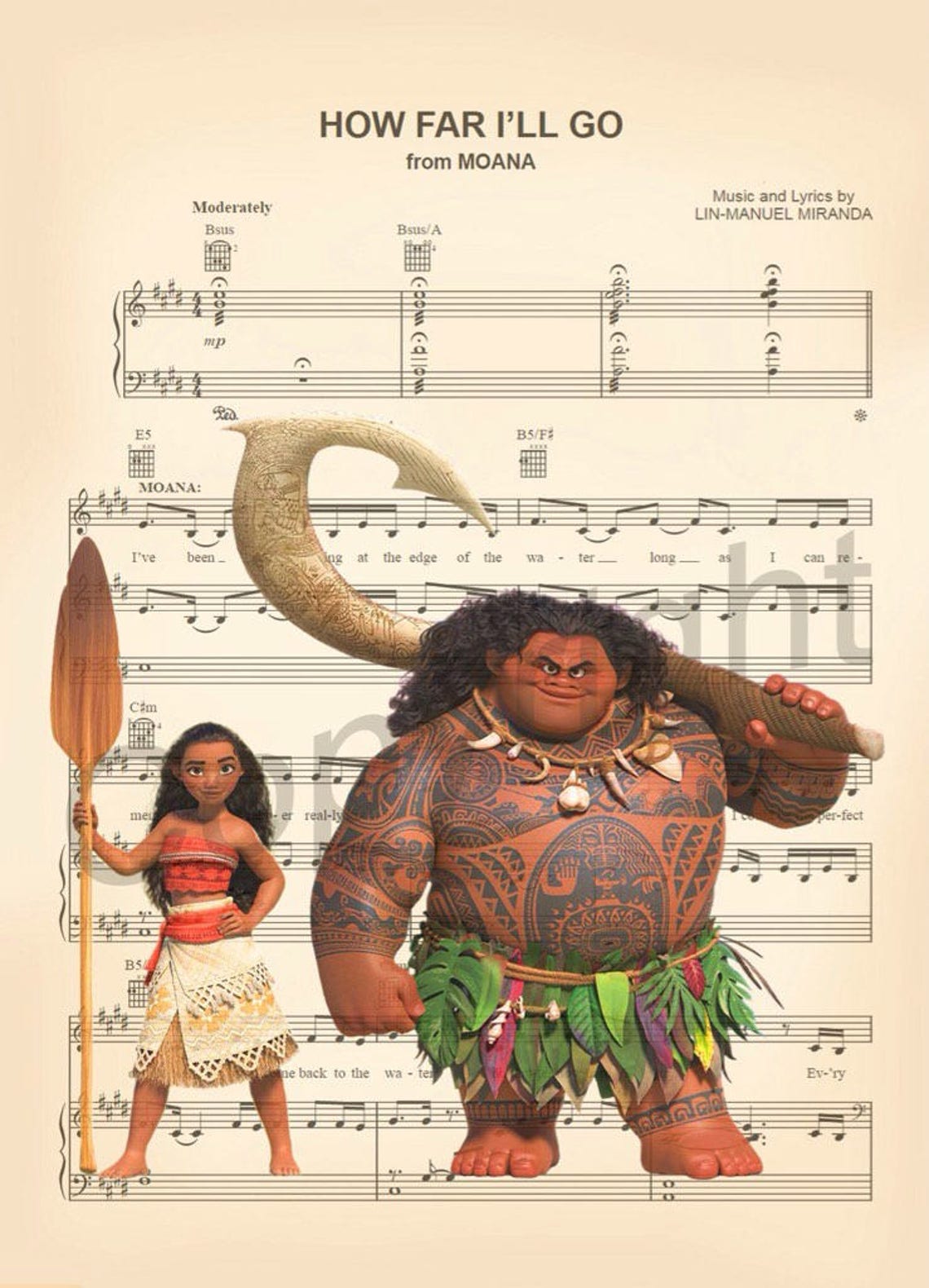 Moana and Maui How Far I'll Go Sheet Music Art Print - Etsy