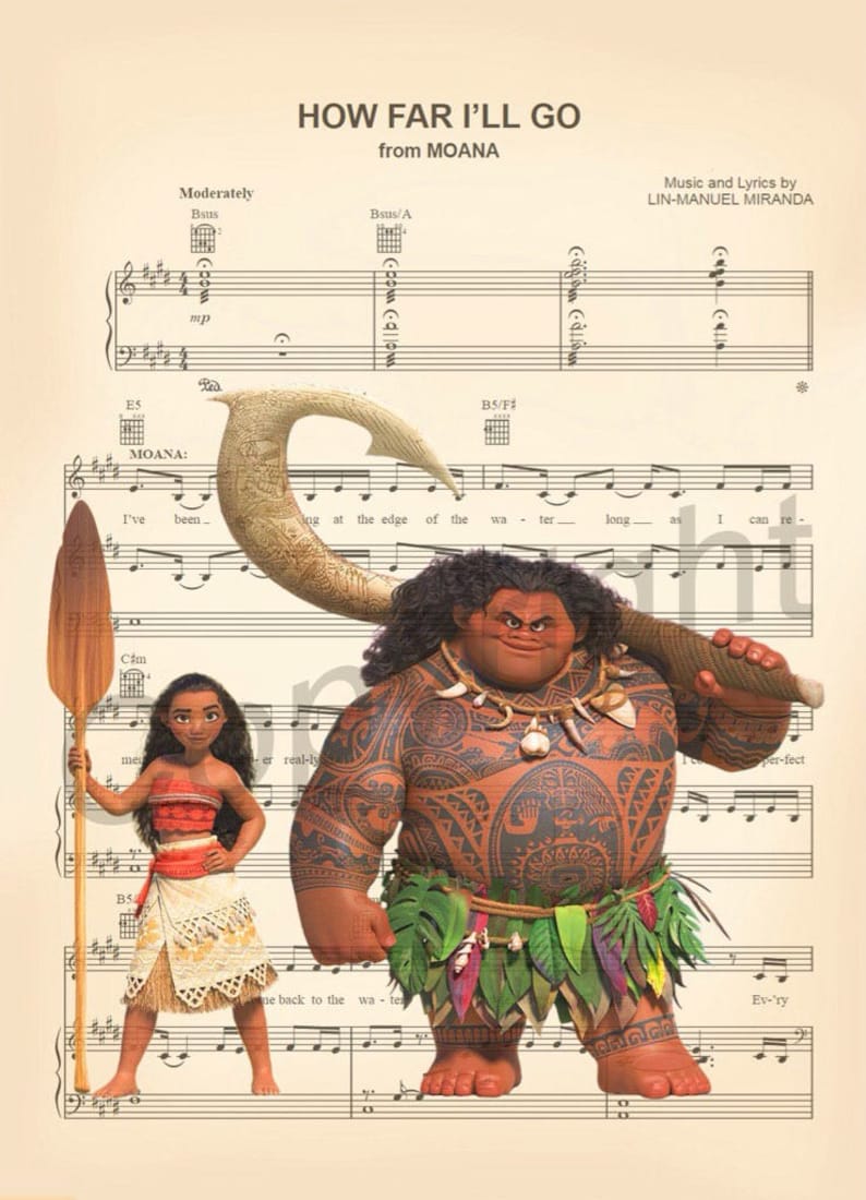 Moana and Maui How Far I'll Go Sheet Music Art Print - Etsy