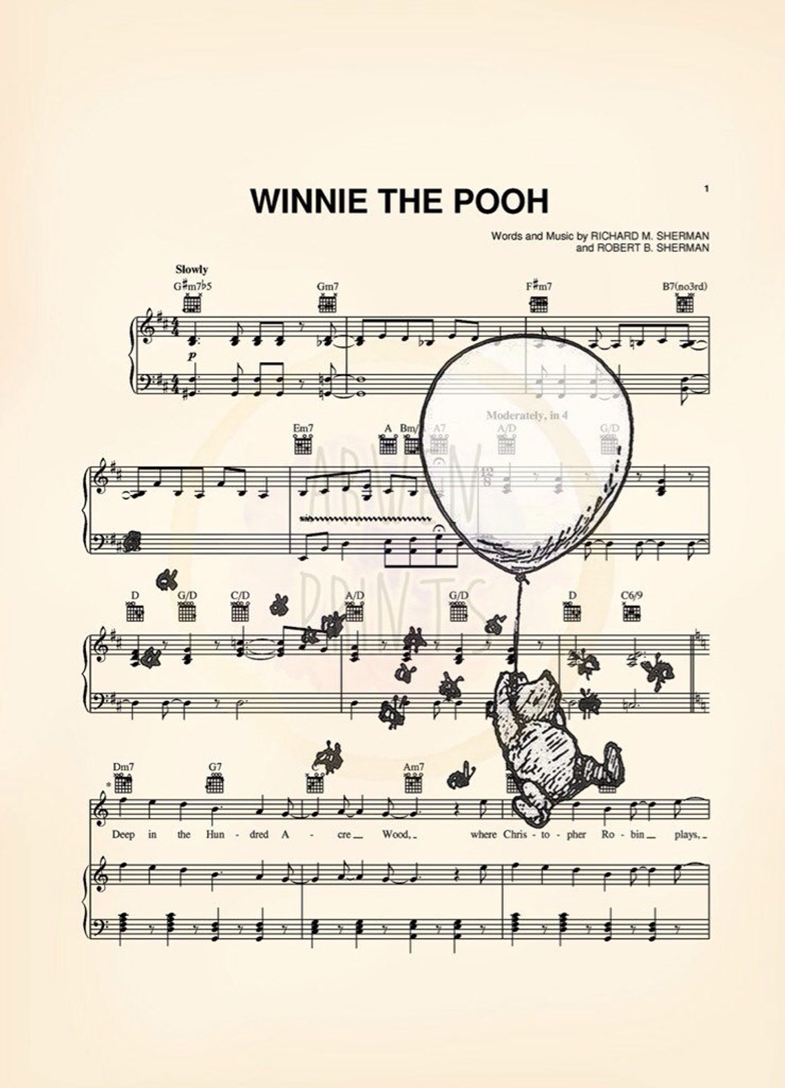 Winnie the Pooh Original Artwork Four Print Set Sheet Music Art Prints ...
