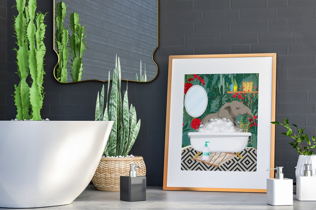 Elephant Taking a Bath Illustration Art Print, Elephant Bathroom Art ...