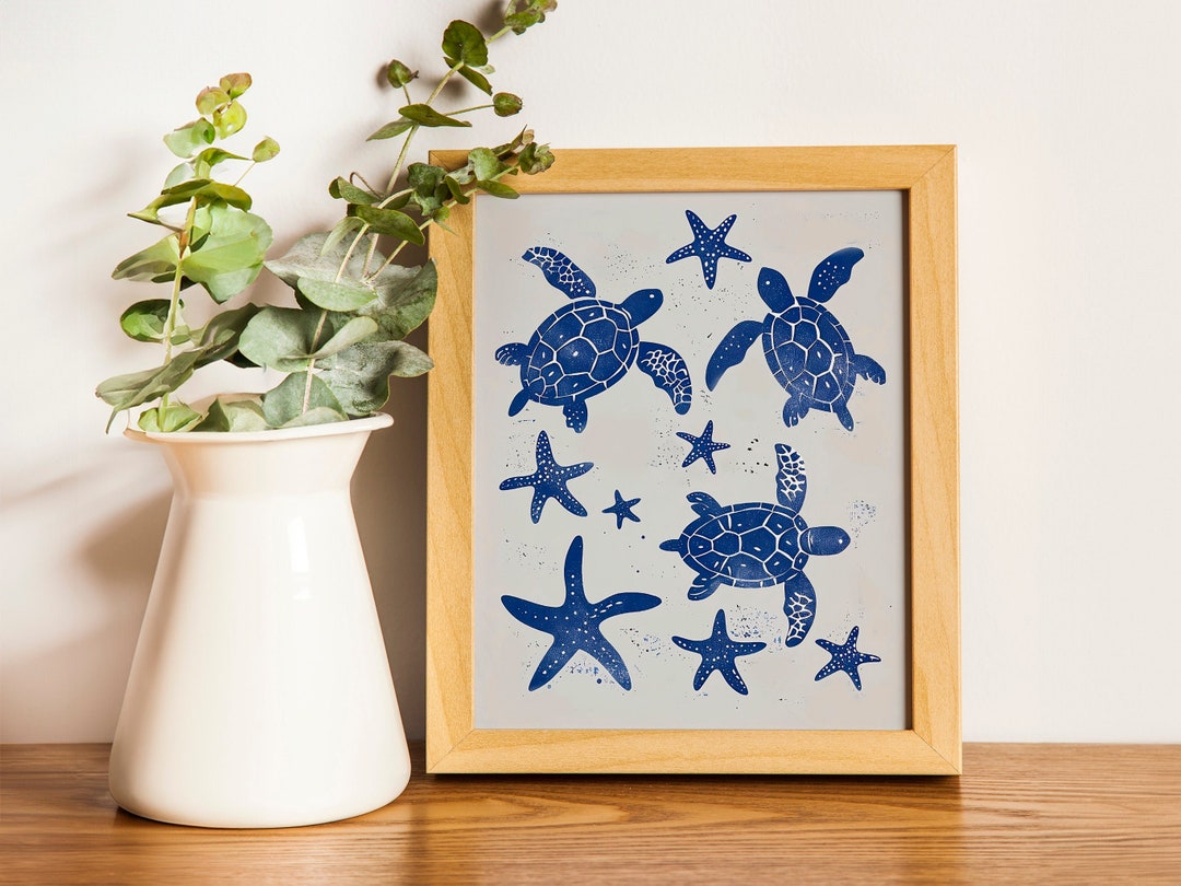 Beige and Sky Blue Sea Turtle Painting Coastal Boho Minimalist Poster ...