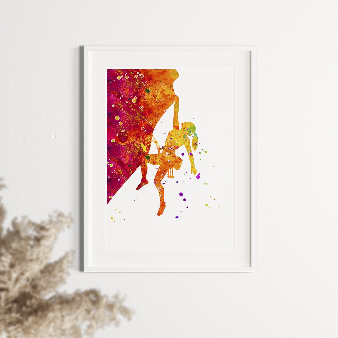 Rock Climbing Print, Climber Girl Colorful Watercolor Artwork, Extreme ...
