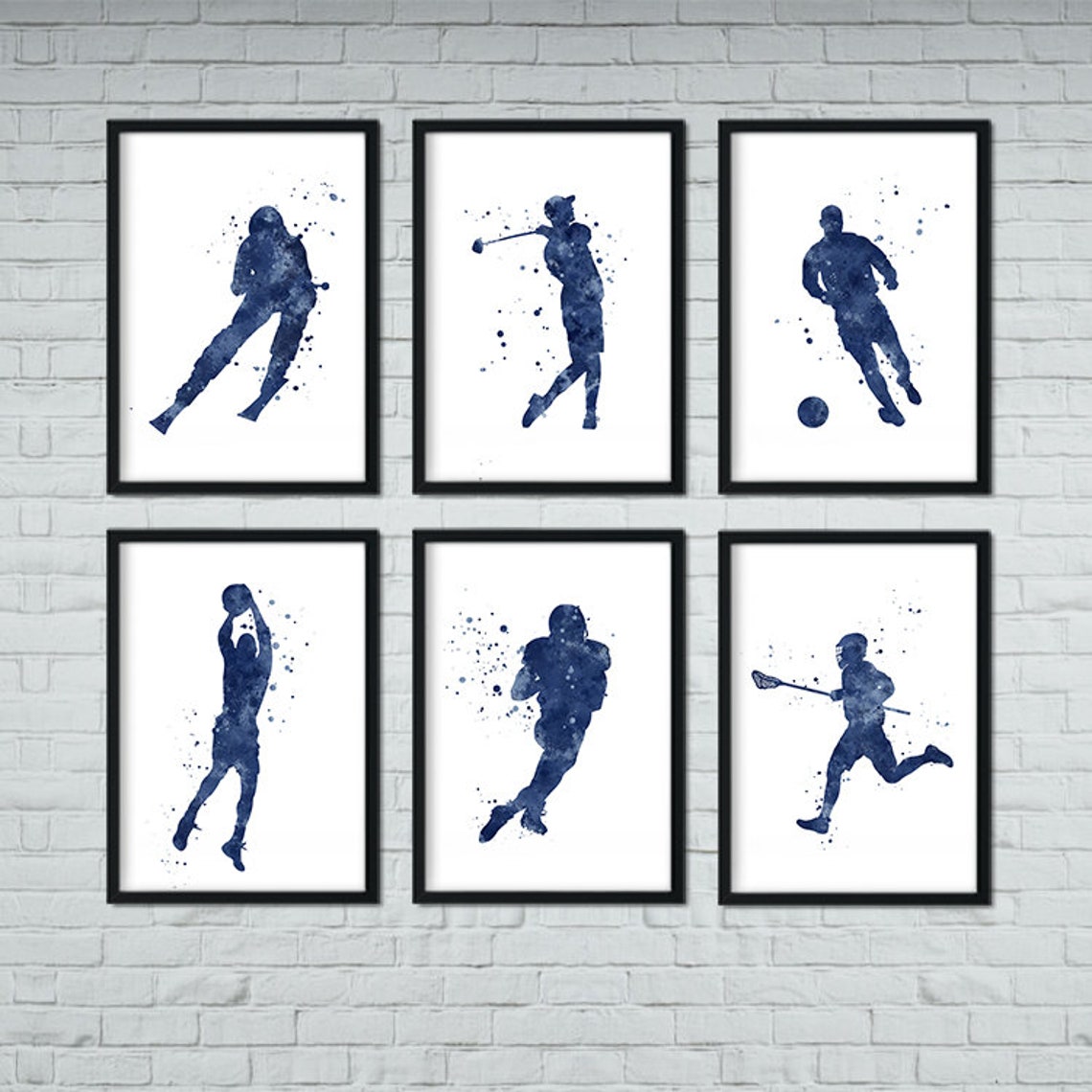 Set of 6 Blue Watercolor Prints Sports Art Posters for Boys | Etsy