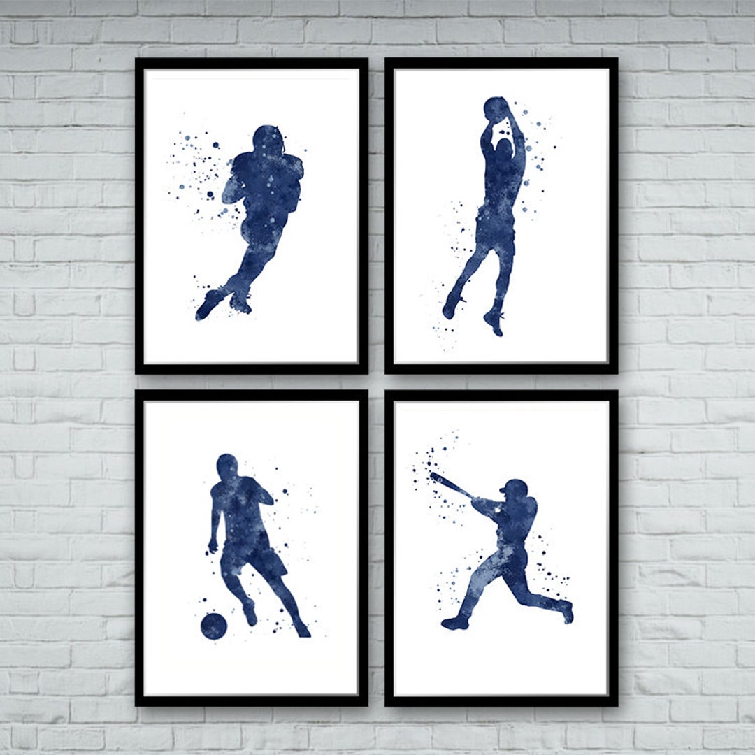 Sports Art Set of 4 Watercolor Prints for Boys Room Football Baseball ...