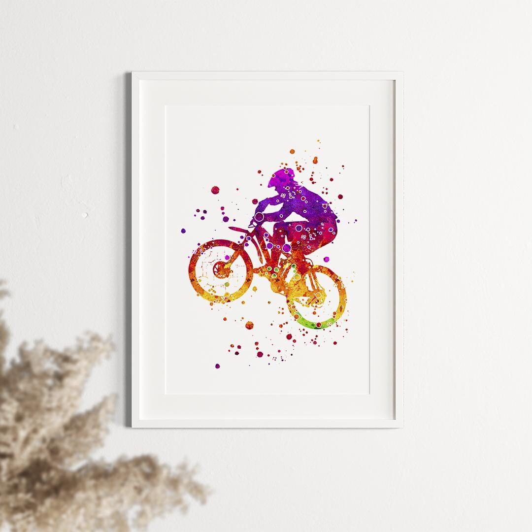 Biking Art Print, Watercolor Mountain Bike Poster, Biker Bedroom Decor ...