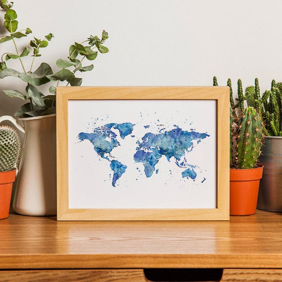 World Map Print, Blue Watercolor Artwork Home Office or School ...