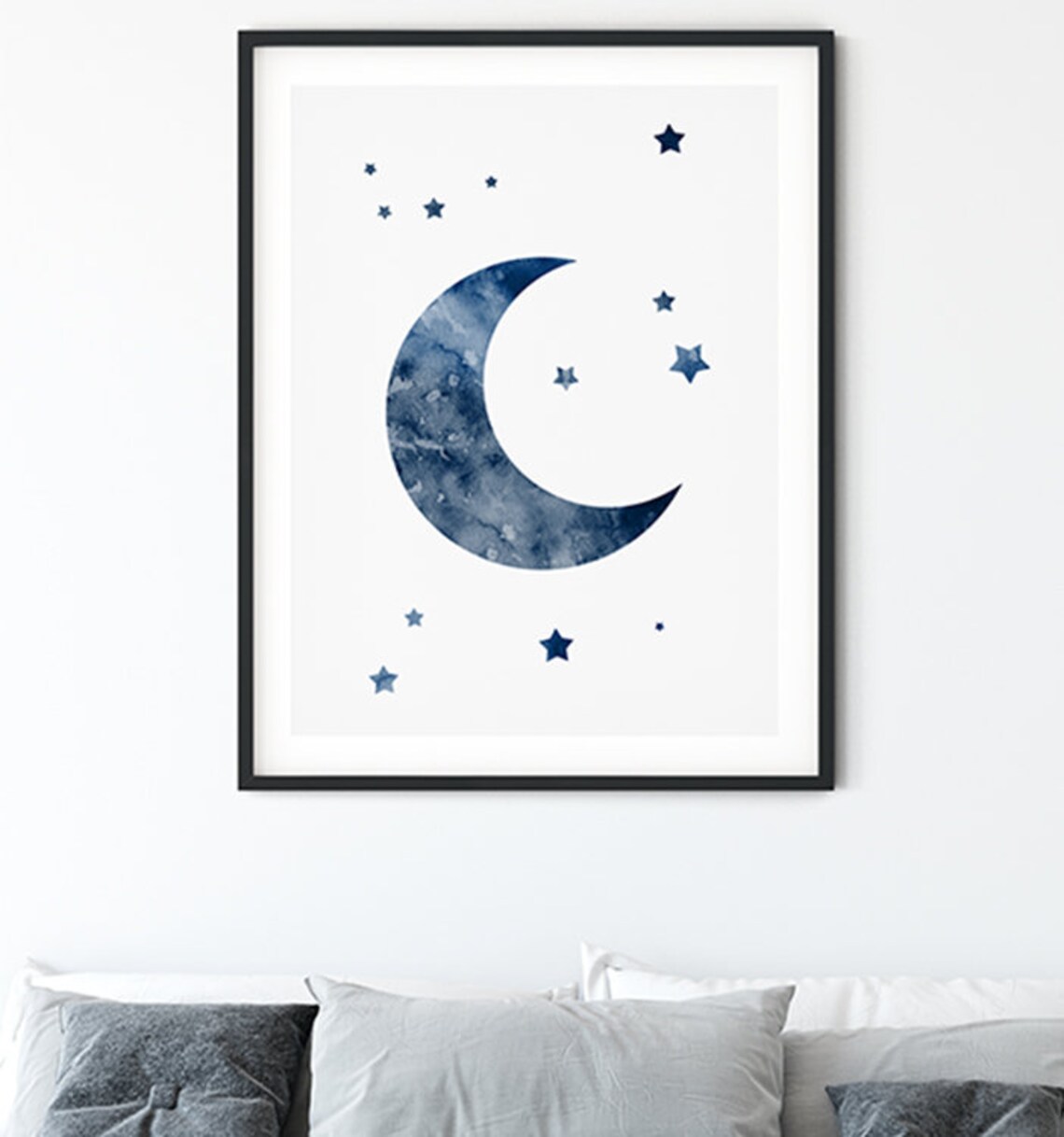 Moon and Stars Nursery Decor Navy Blue Moon Art Print - Etsy