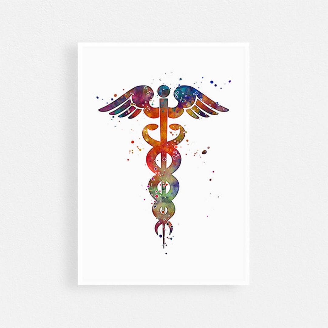 Caduceus Wall Art, Watercolor Print Medical Office Decor, Symbol of ...